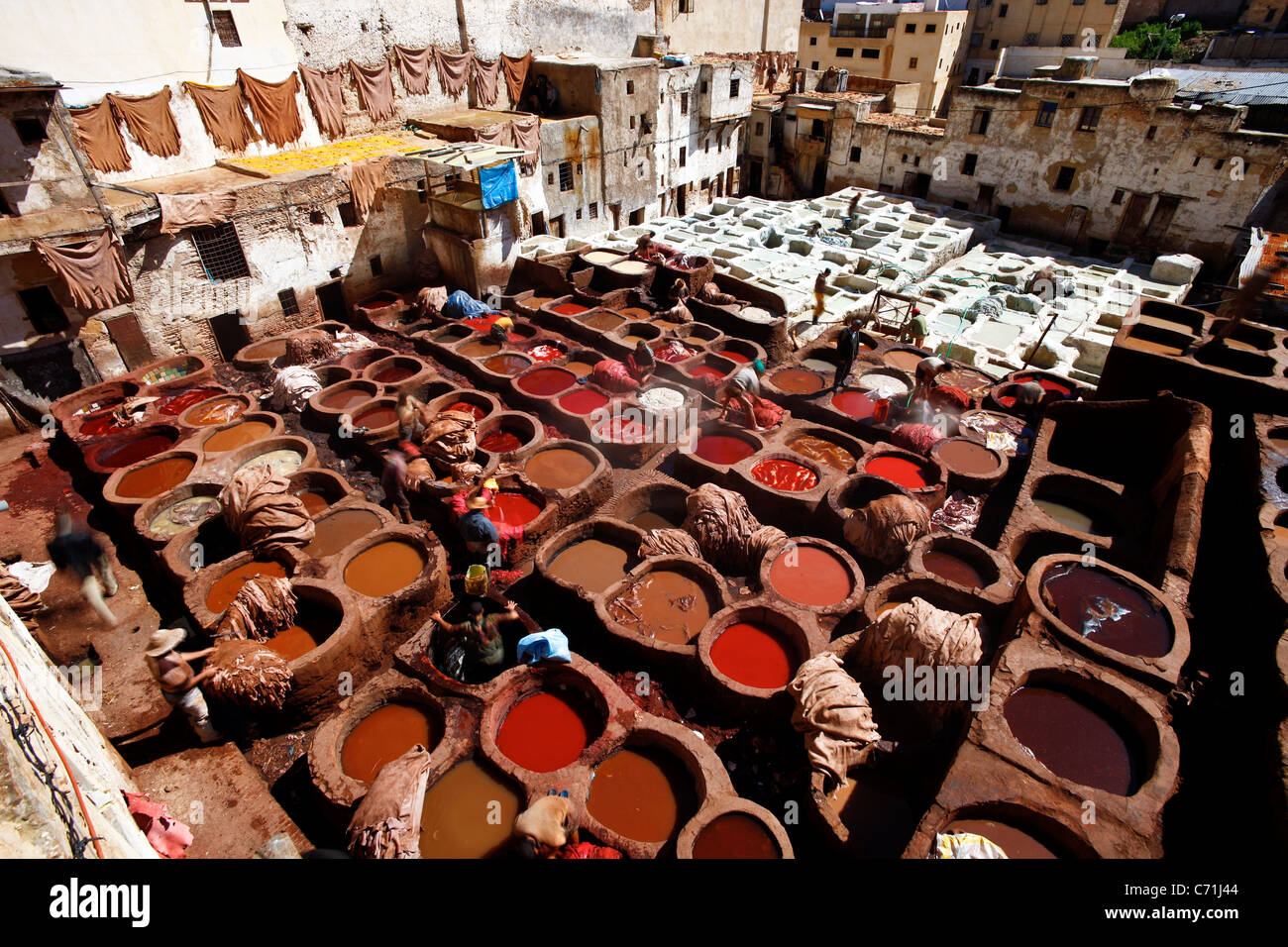 Chouwara traditional leather tannery in Old Fez, vats for tanning and ...