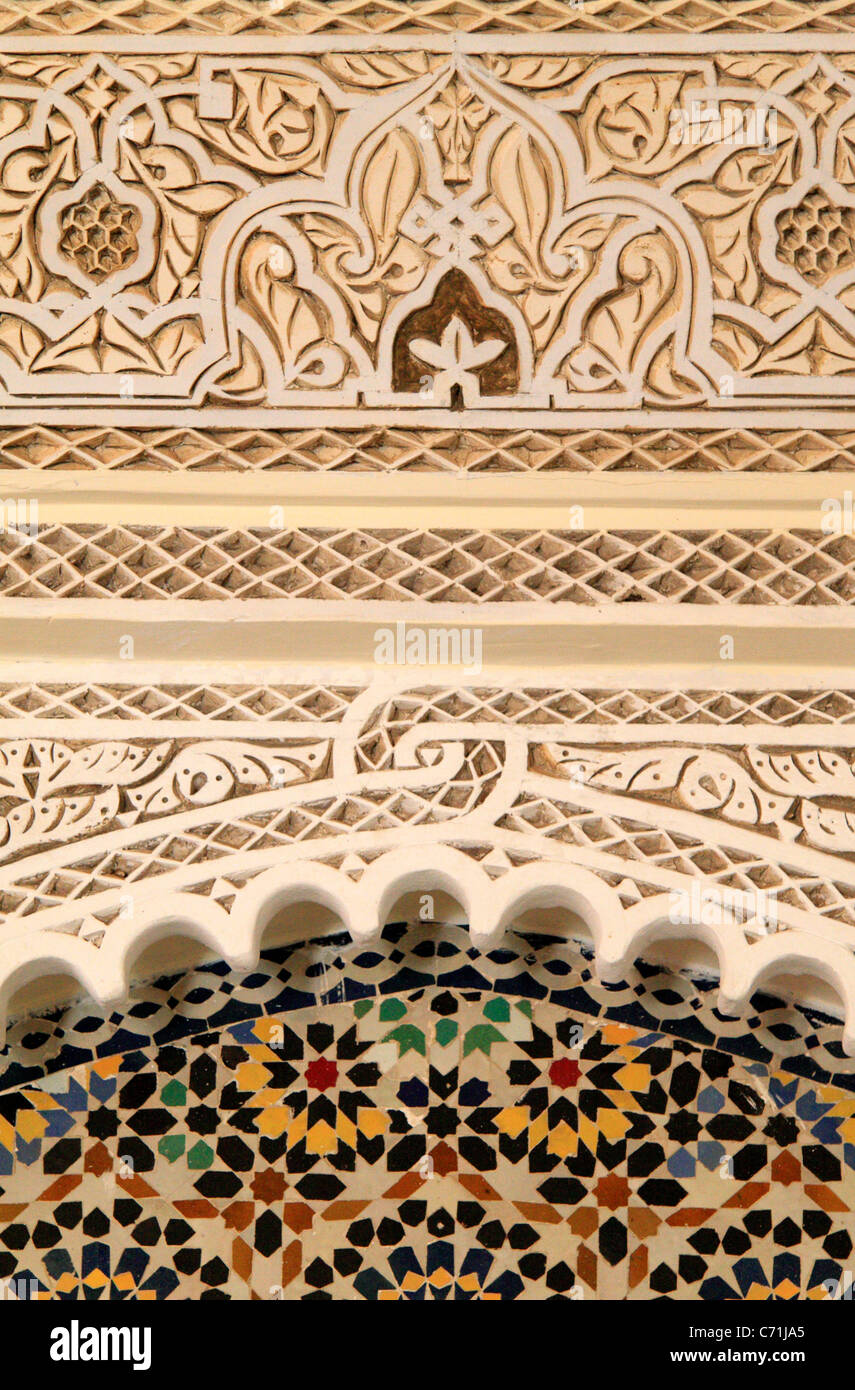 Detail of traditional Moroccan water fountain with mosaic tilework and ...