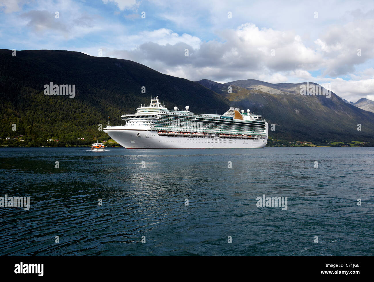 Cruise ship Ventura moored in Romsdalsfjord Andalsnes Rauma Norway with ...
