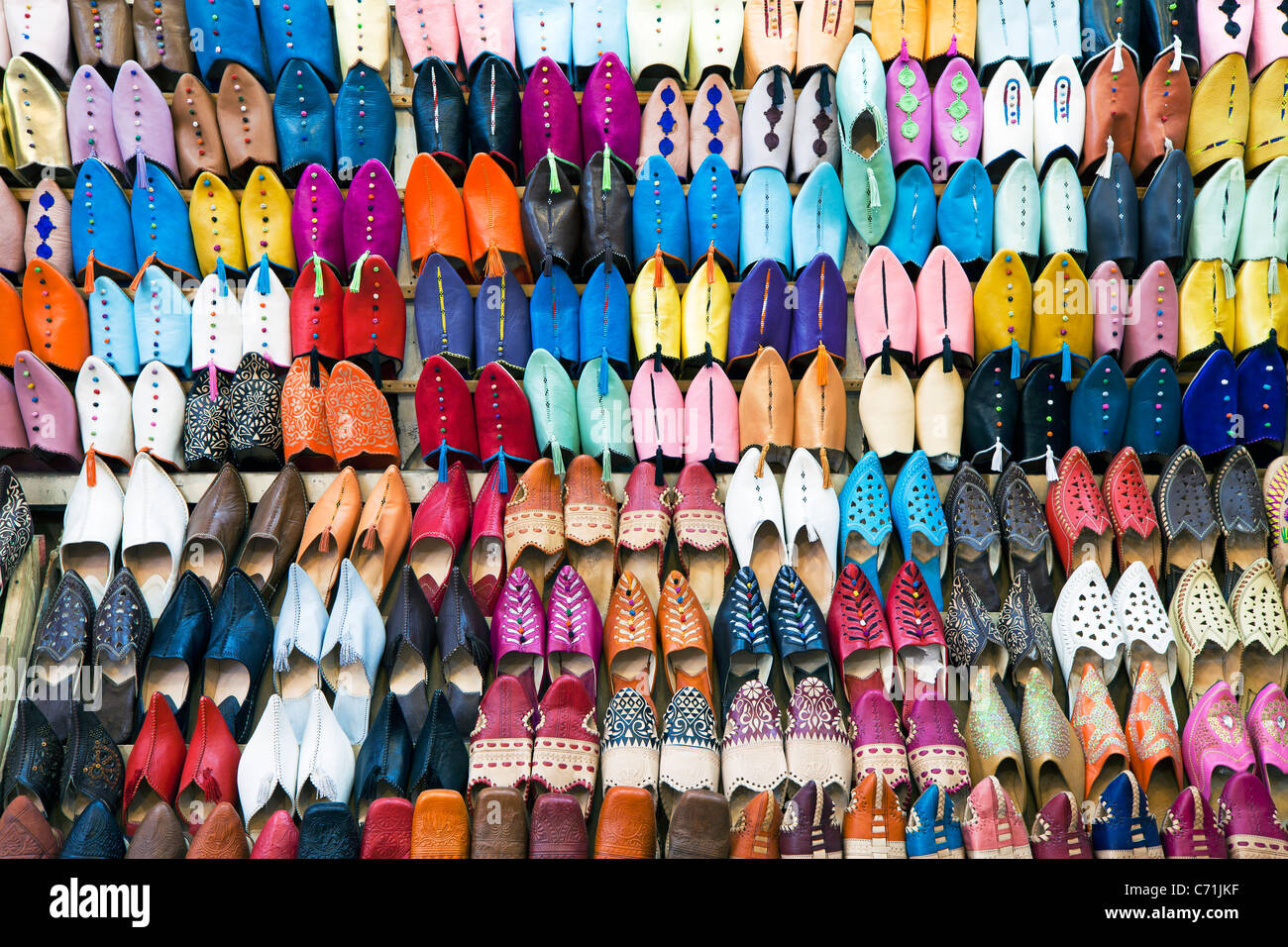 Soft leather Moroccan slippers in the Souk, Medina, Marrakesh, Morocco ...