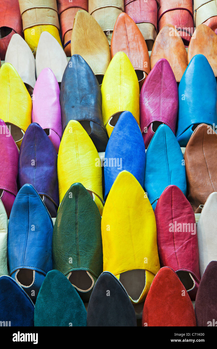 Soft leather Moroccan slippers in the Souk, Medina, Marrakesh, Morocco ...