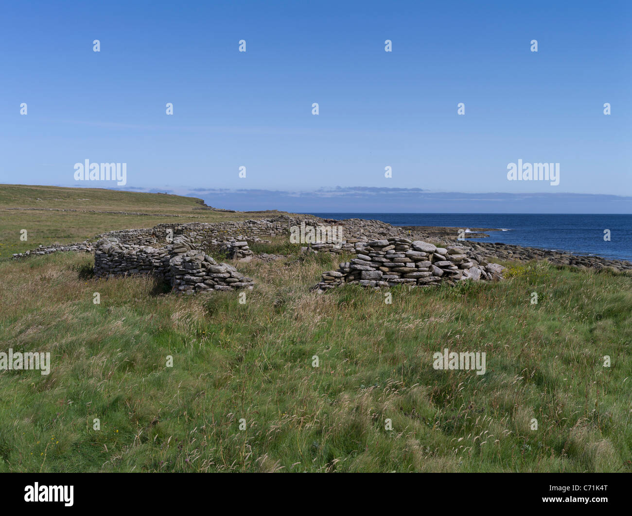 dh Hundland PAPA WESTRAY ORKNEY Dry stone enclosures by coast Stock ...