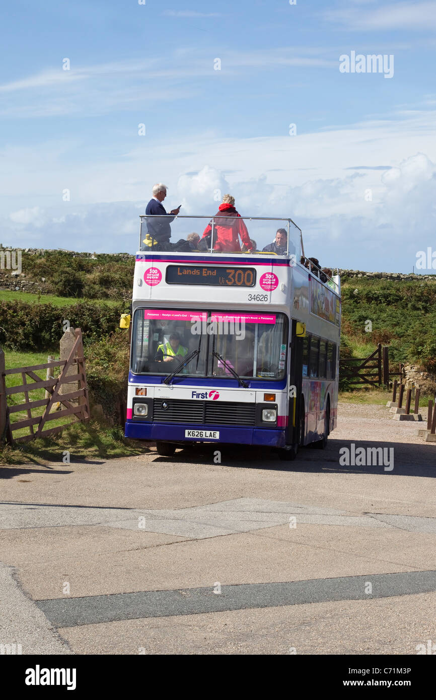 Open top double decker bus taking tourists to Land's End Stock Photo ...