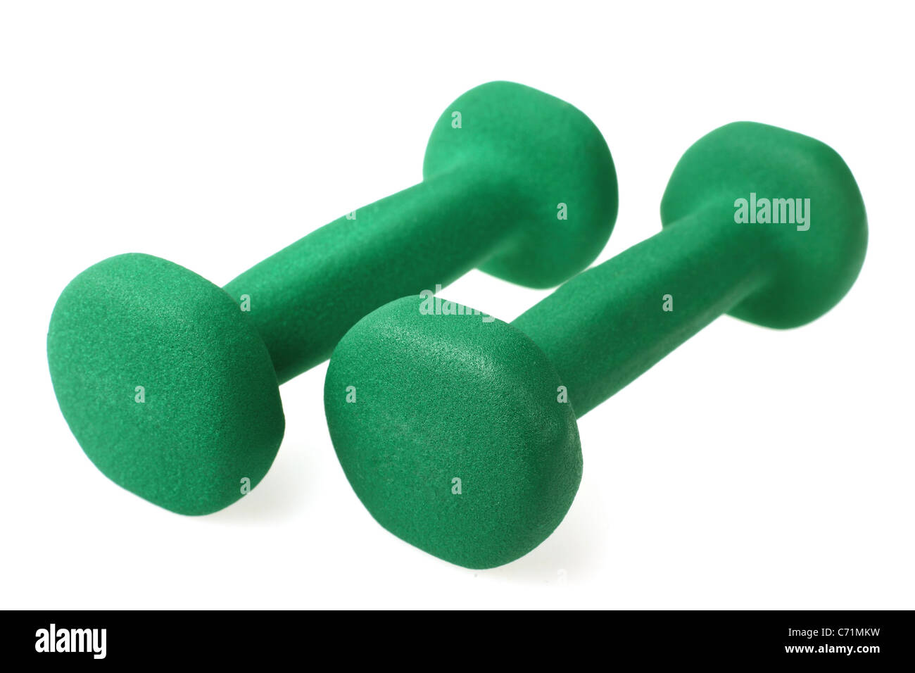 Two small green dumbbells isolated on white background Stock Photo - Alamy