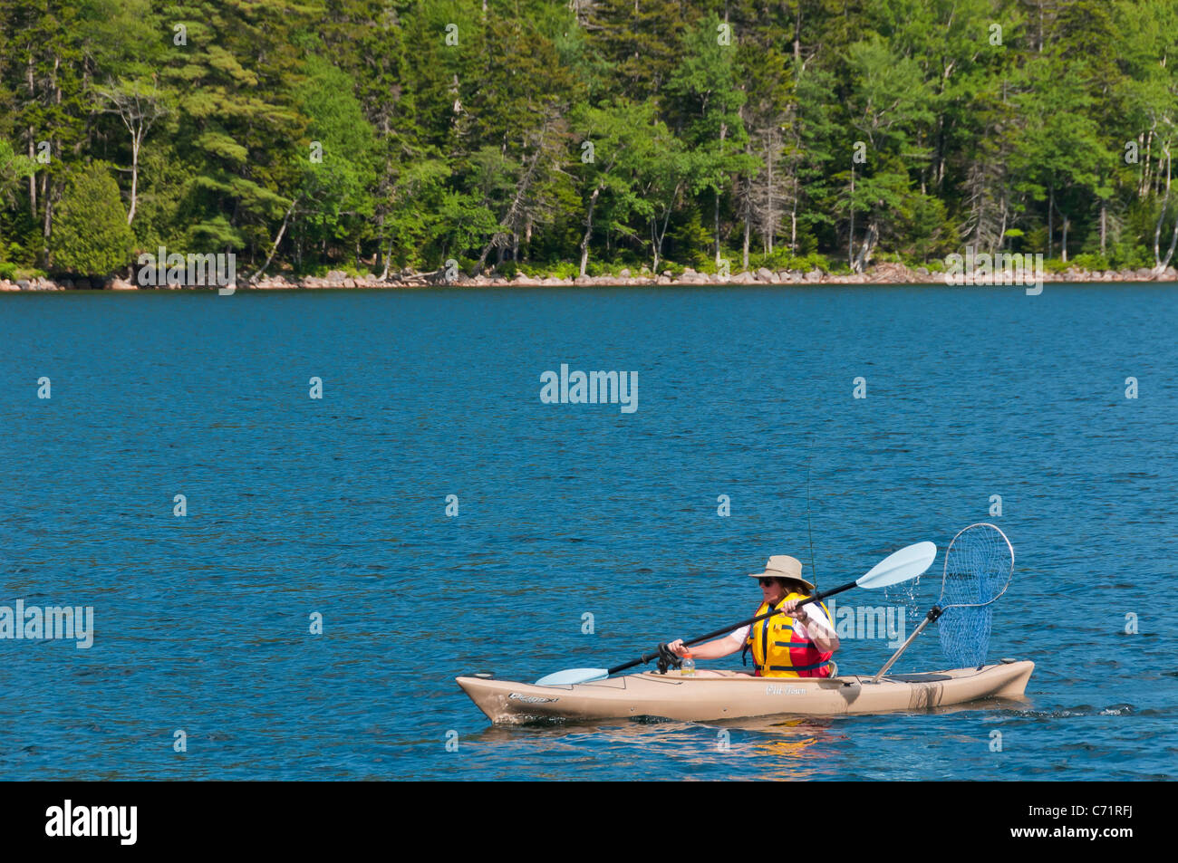 Woman in Kayak Jordan's pond Acadia National park Maine Stock Photo - Alamy