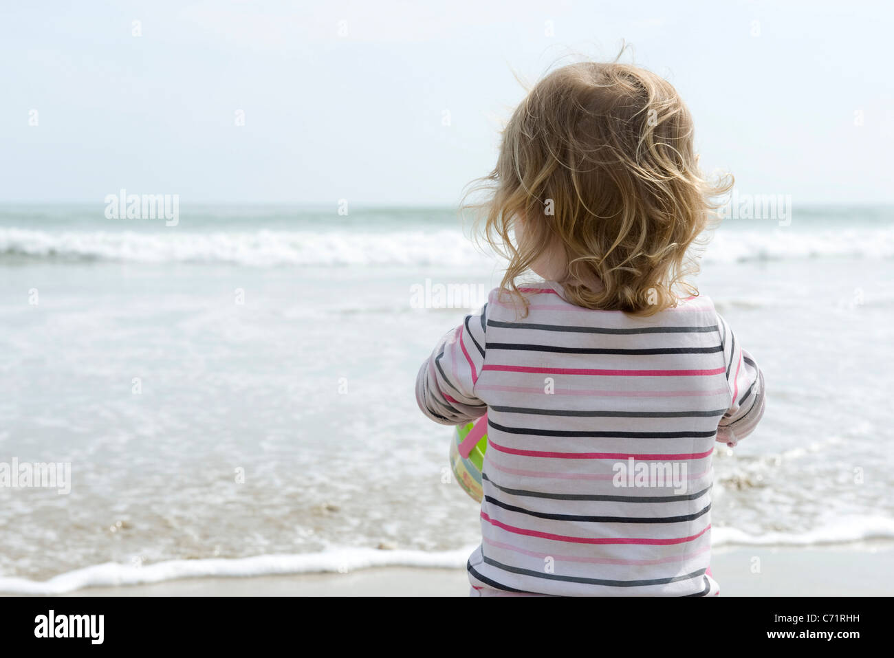 Toddler at the beach, looking at ocean, rear view Stock Photo - Alamy