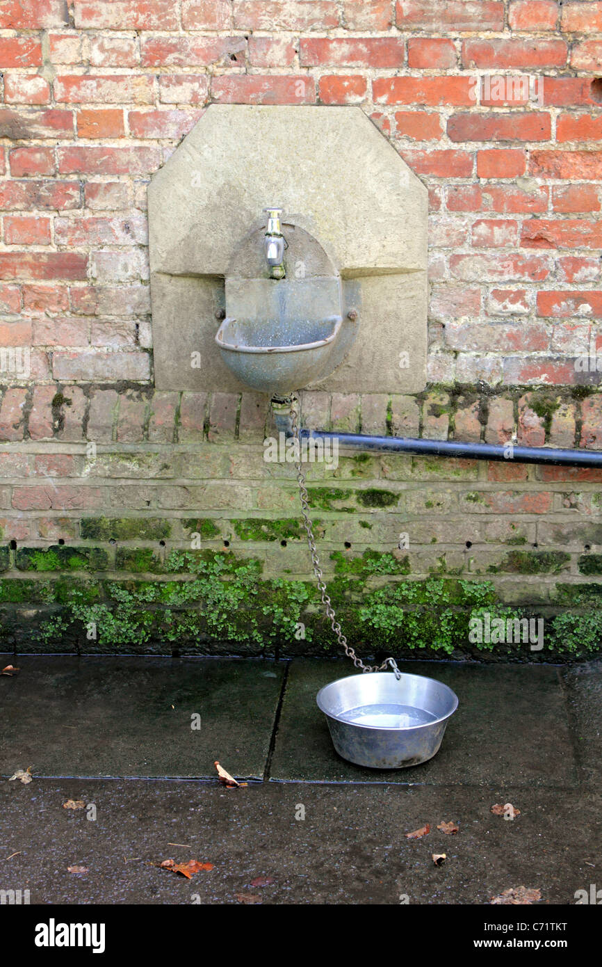 Drinking water tap and dog bowl on chain at Nonsuch Park Ewell Surrey ...
