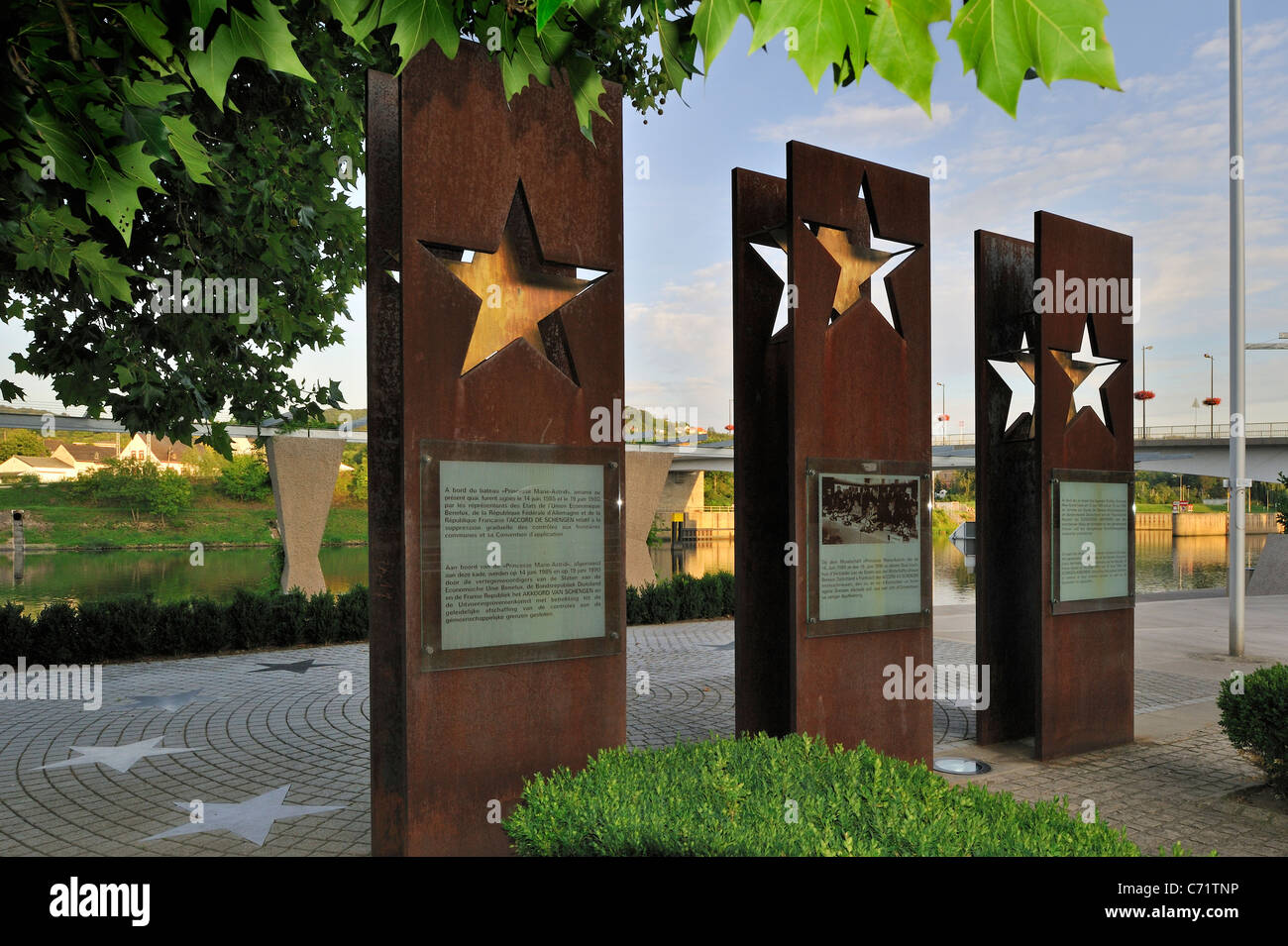 Monument of the Schengen Agreement of 1985 along the river Moselle at ...