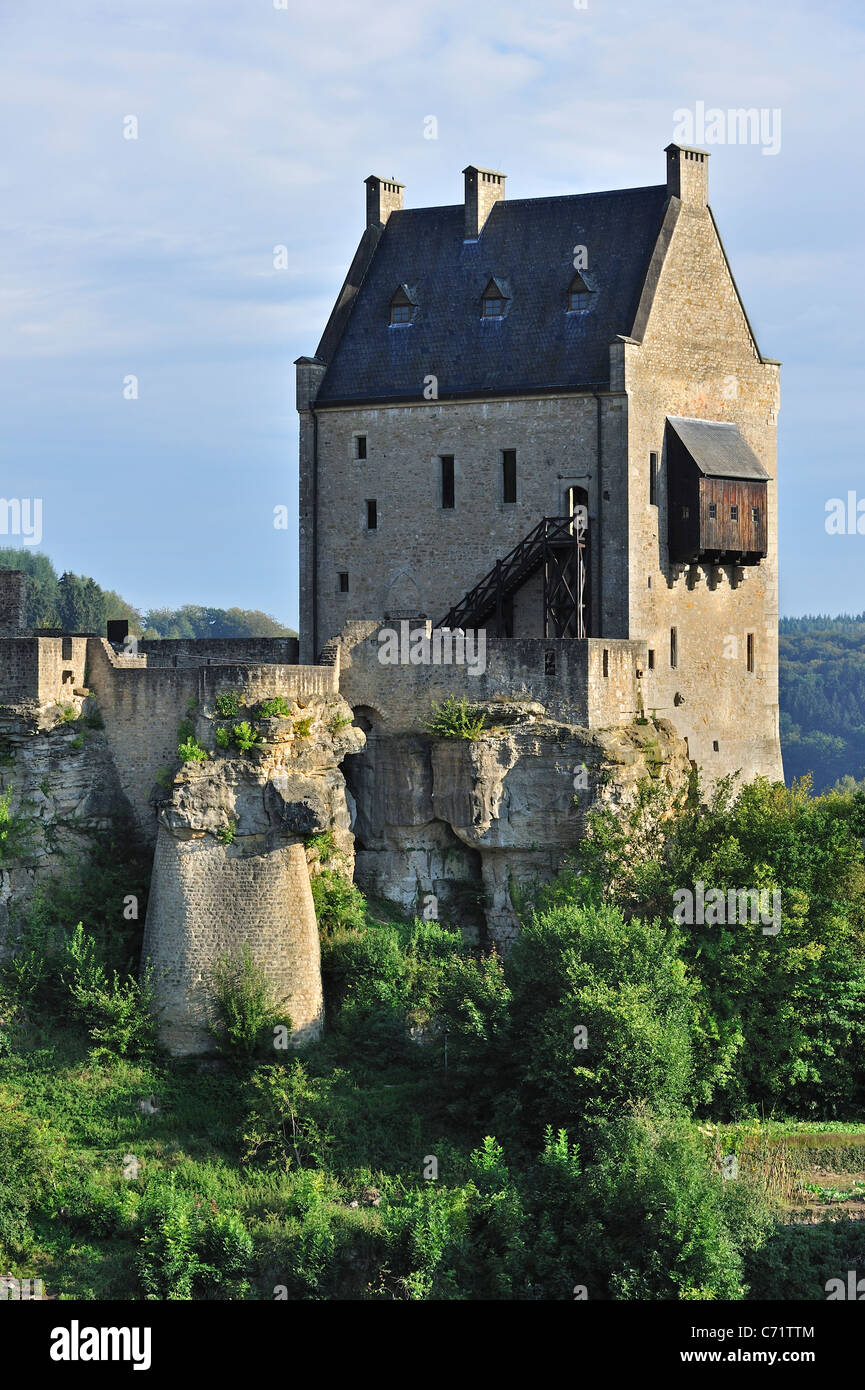 Ruins of the medieval Larochette Castle towering above the town ...