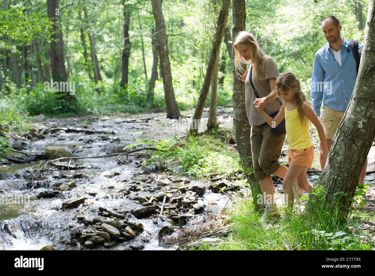 Family hiking along stream in woods Stock Photo - Alamy