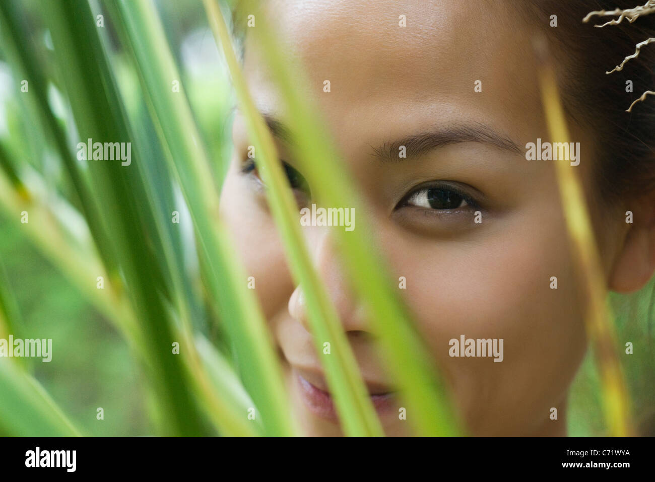 Woman behind leaves, cropped Stock Photo - Alamy