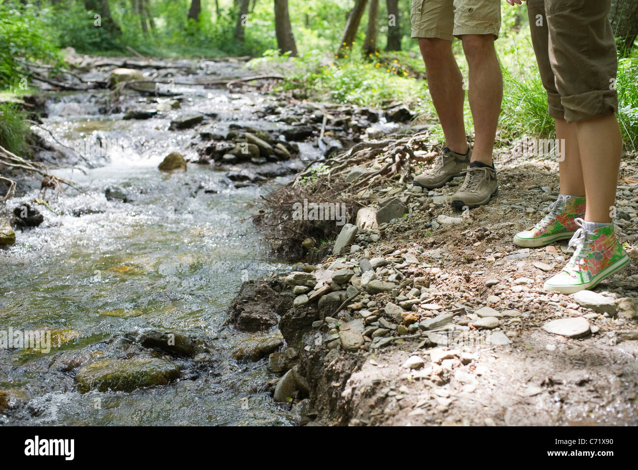 Hikers standing beside stream, cropped Stock Photo - Alamy