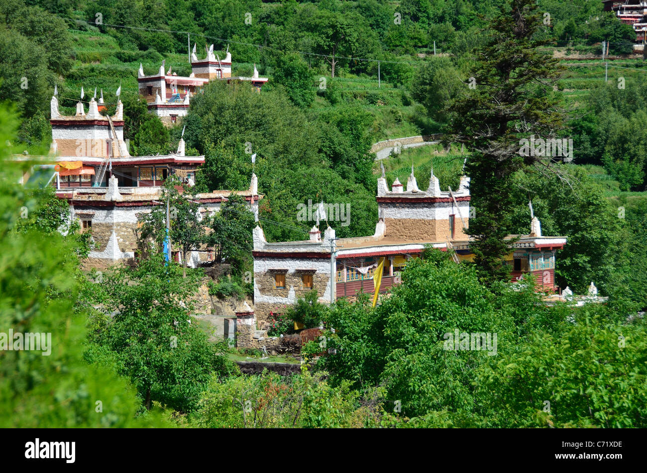 Tibetan style stone houses on a green hill. Sichuan, China Stock Photo ...