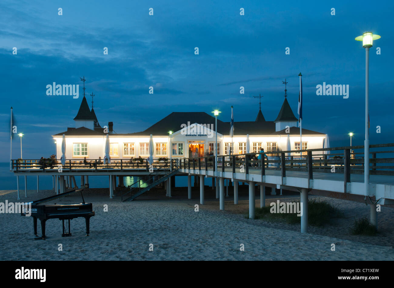 Ahlbeck pier at night, Usedom Island, Baltic Sea, Mecklenburg ...