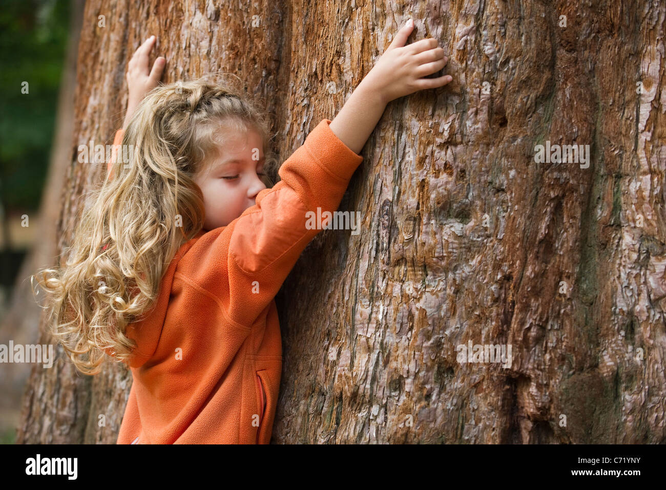Girl embracing tree Stock Photo - Alamy