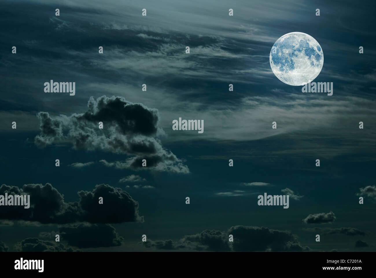 Sky with full moon, cumulus and cirrus clouds Stock Photo - Alamy