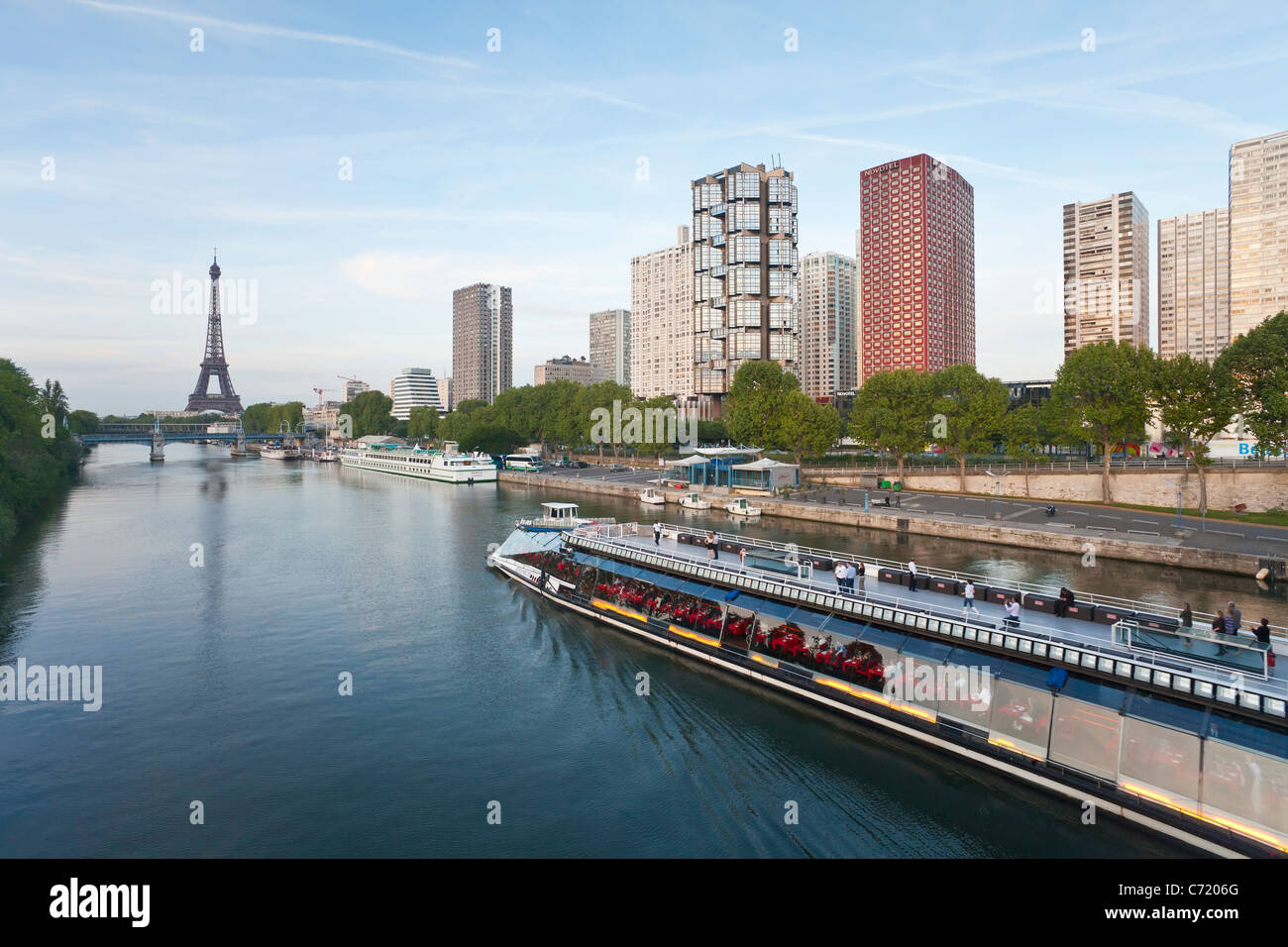 France, Paris, View Of River Seine With High-rise Buildings On The Left ...