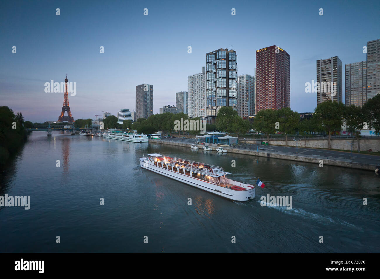 France, Paris, Night View Of River Seine With High-rise Buildings On ...