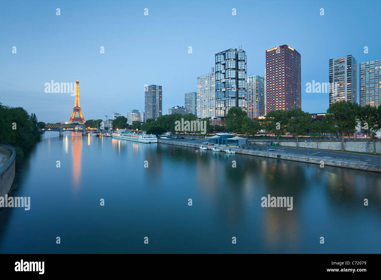France, Paris, Night View Of River Seine With High-rise Buildings On ...