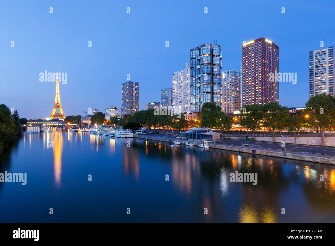 France, Paris, Night View Of River Seine With High-rise Buildings On ...