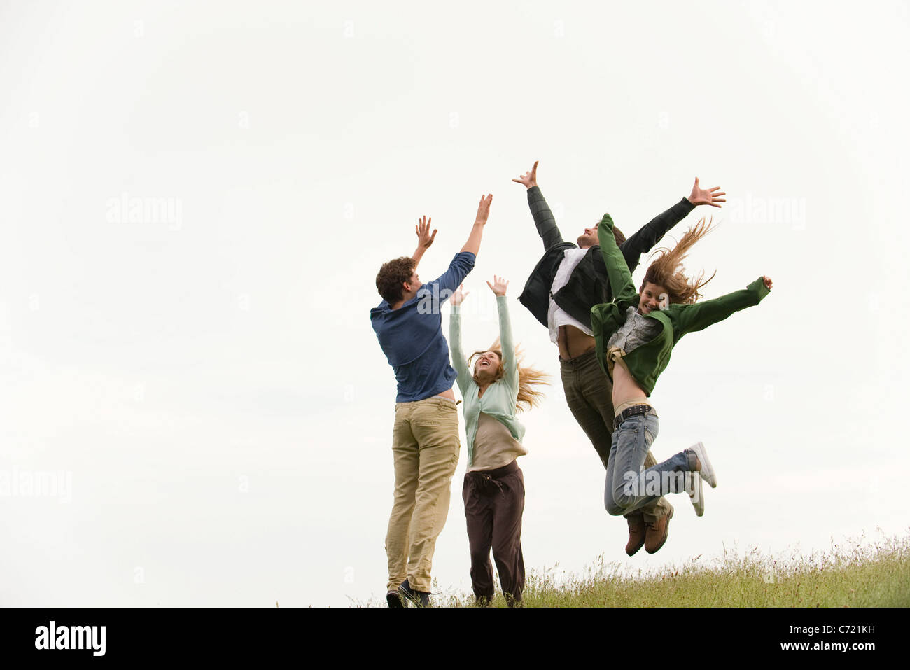 Friends jumping on meadow Stock Photo - Alamy