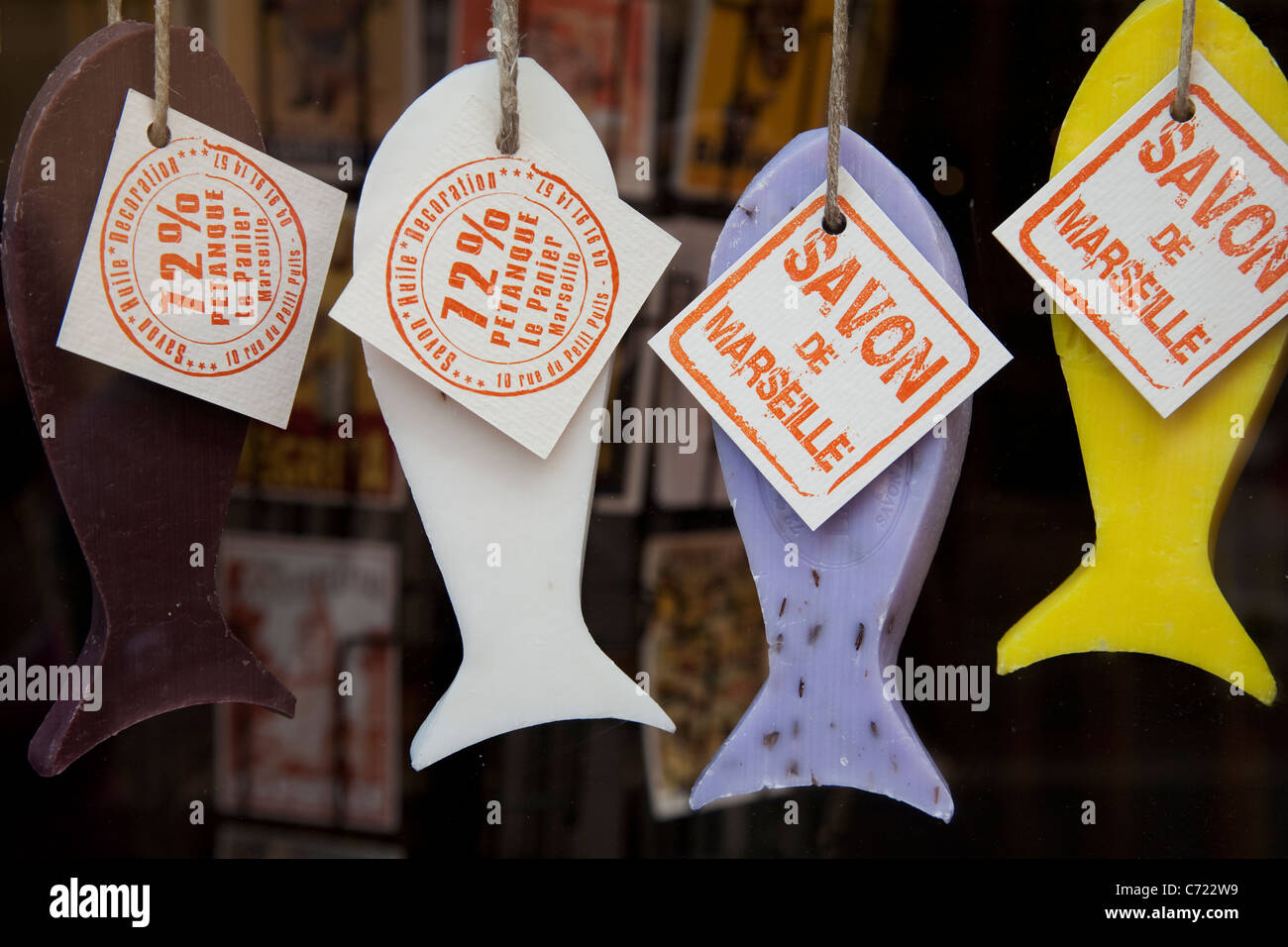 Fish shape soap on sale in shop window on Rue du Petit Puits Street ...