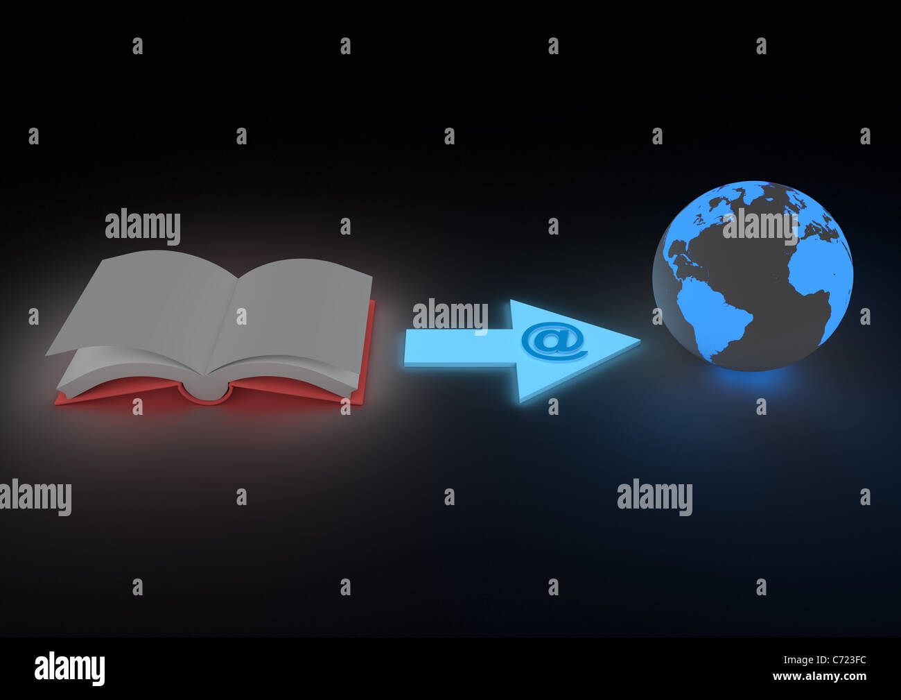 render of an open book and an arrow to the planet Stock Photo - Alamy