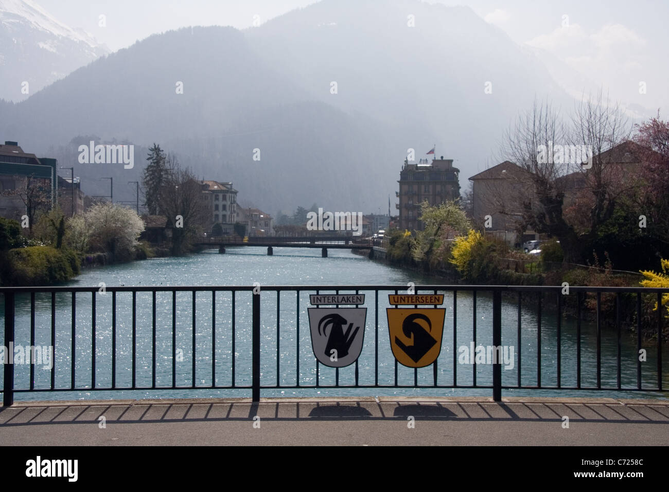 Mountain view from the bridge between Interlaken and Unterseen Stock ...