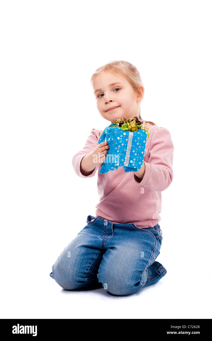 Beautiful girl with a present box isolated on white Stock Photo - Alamy