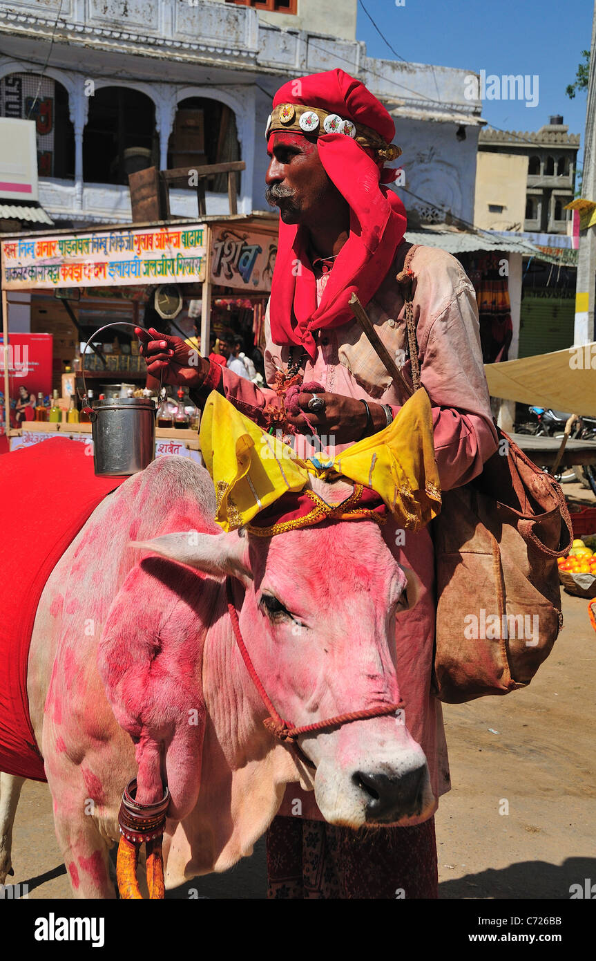 Man with holy cow in the town Stock Photo - Alamy