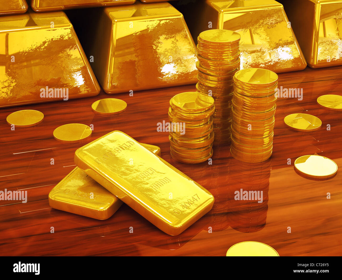 Golden coins and ingots , 3d illustration Stock Photo - Alamy
