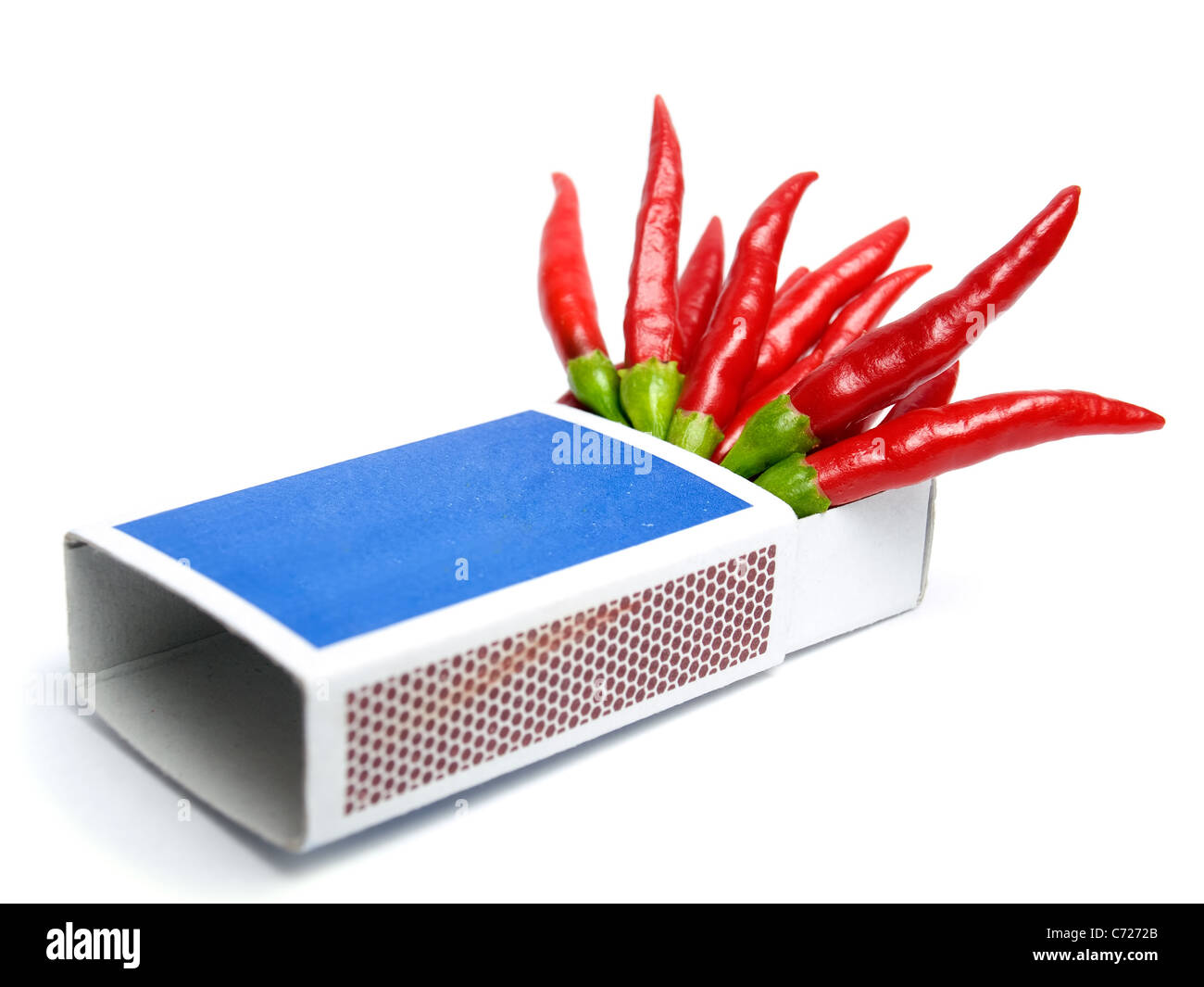Chili peppers in the matchbox on a white background Stock Photo - Alamy