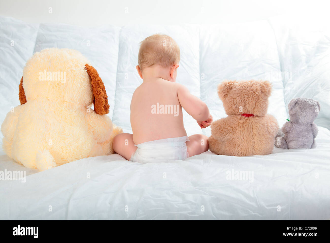 baby sitting with soft toy bears Stock Photo - Alamy
