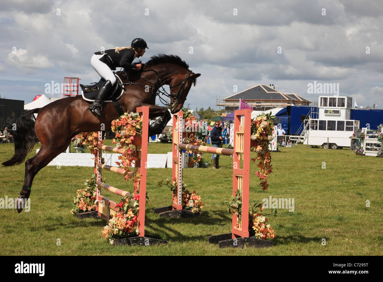 International show jumping event with Ellen Whitaker on a horse jumping ...