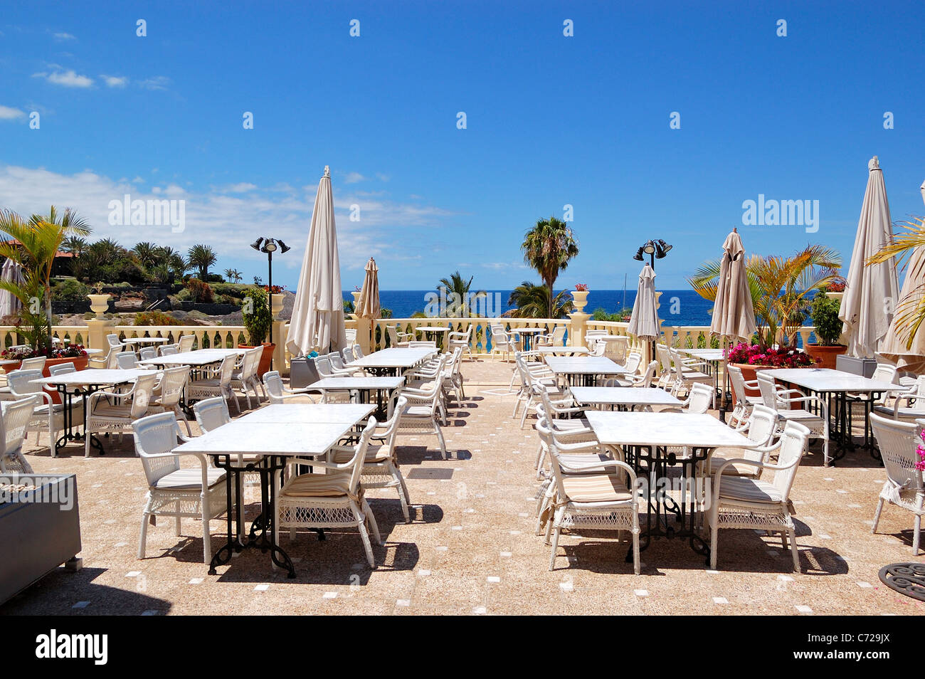 Sea view terrace of the luxury hotel's restaurant, Tenerife island ...