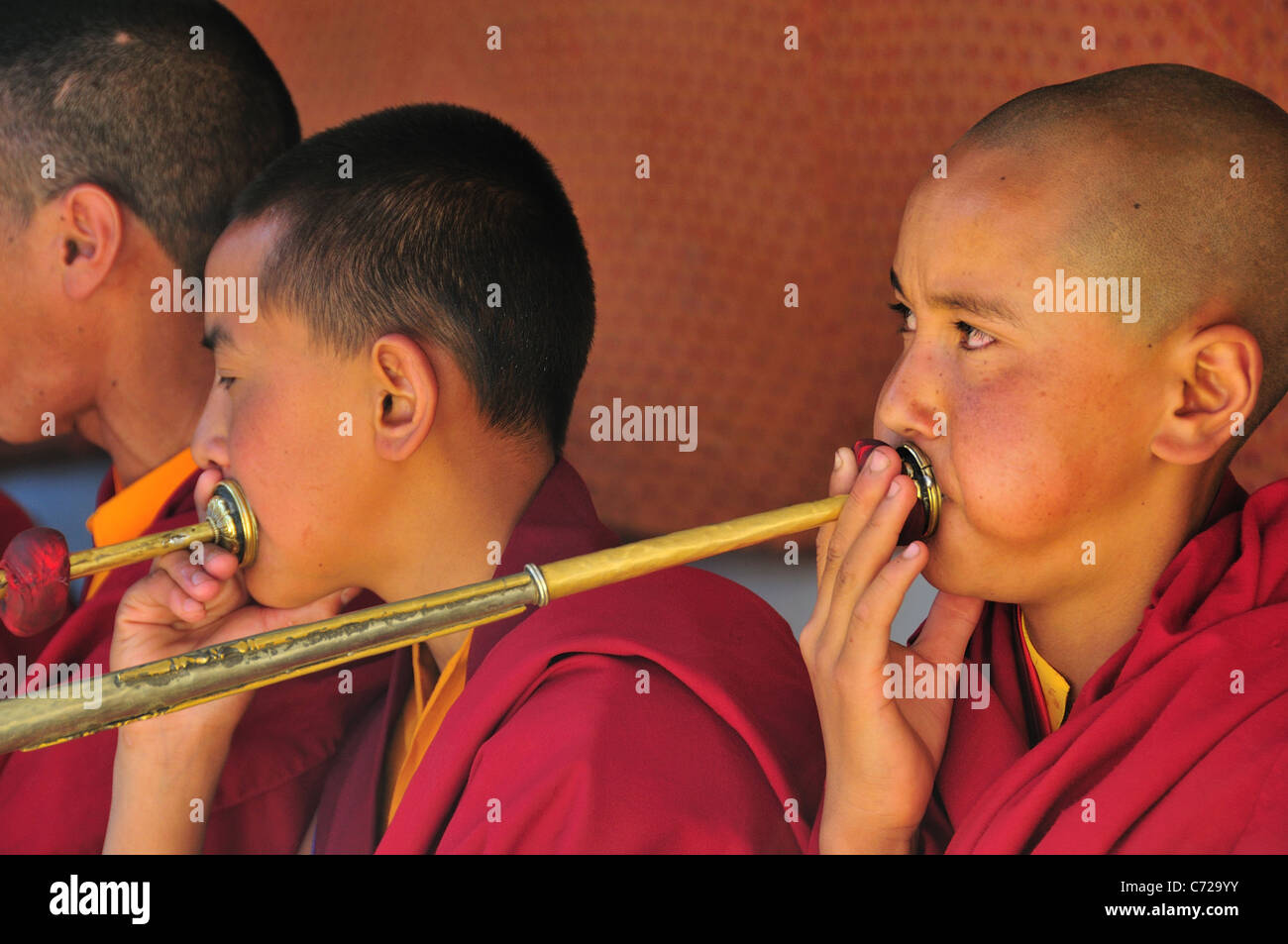Young monks practicing for Musk dancing at Phyan monastery a day before ...