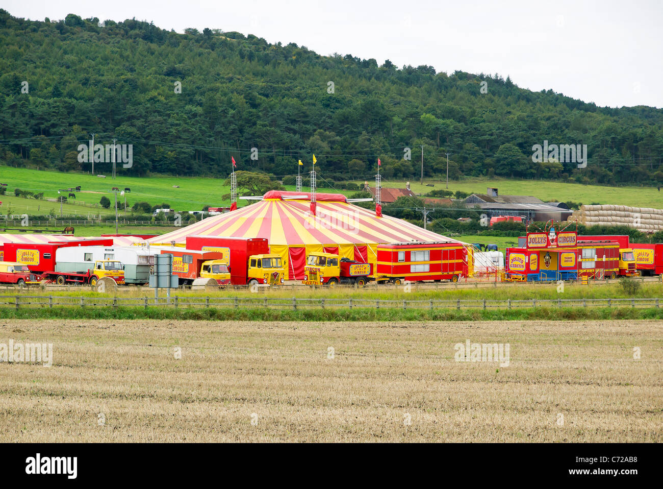 Peter Jolly's travelling Circus set up in a field in Cleveland UK Stock ...