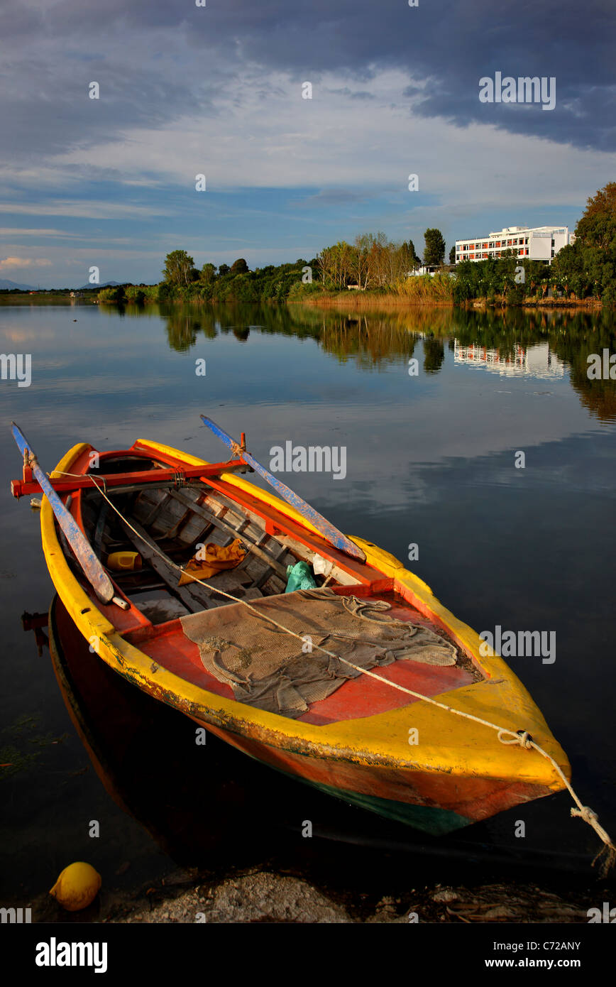 A colorful fishing boat in Margarona lagoon, close to Preveza town ...