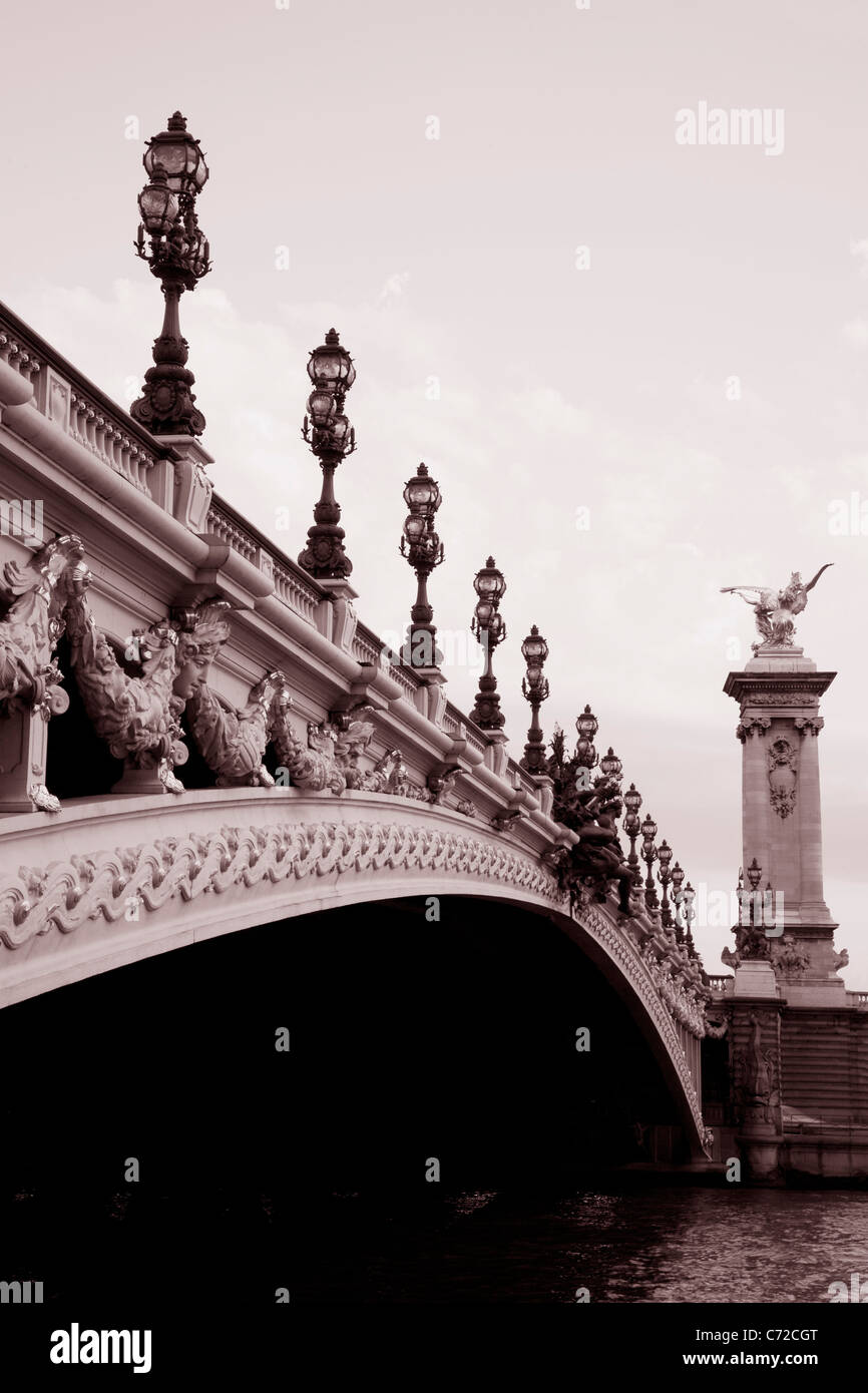 Alexandre III Bridge in Black and White Sepia Tone, Paris, France Stock ...