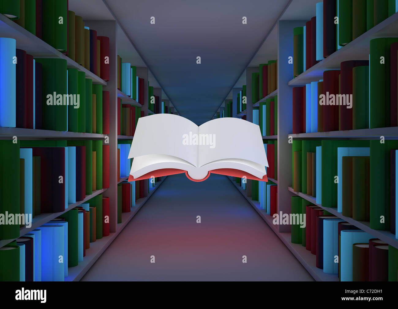 render of an abstract library with a floating open book Stock Photo - Alamy