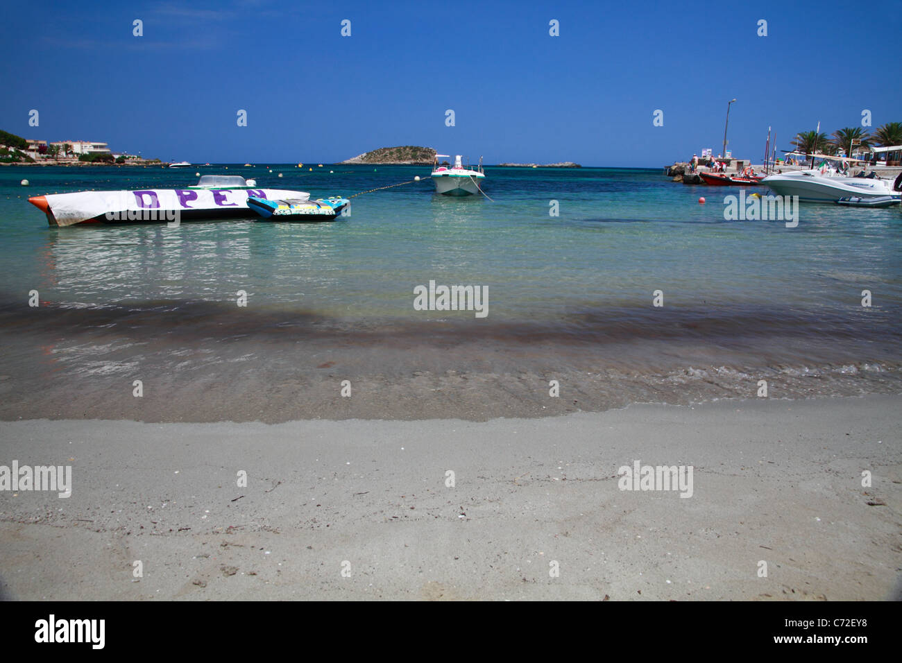 General view of the beach of Es Canar, Santa Eulalia, Ibiza Stock Photo ...