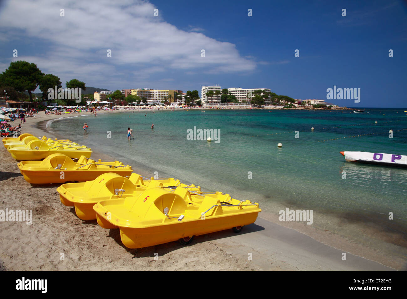 General view of the beach of Es Canar, Santa Eulalia, Ibiza Stock Photo ...