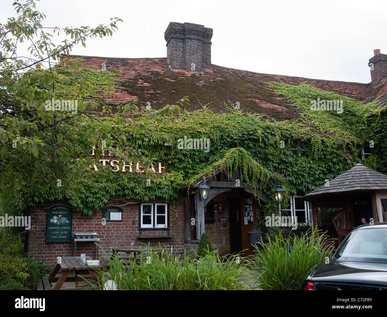 The ivy covered walls of a pub in Kent, the Wheatsheaf at Bough Beech ...