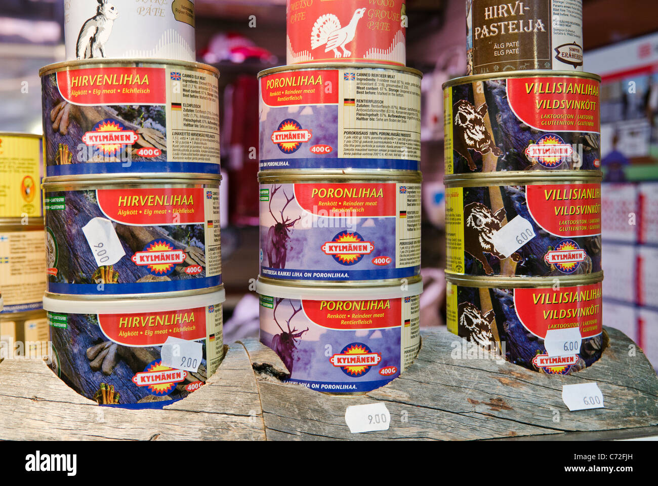 Cans of elk meat, reindeer meat and wild boar meat at the Kauppahalli ...