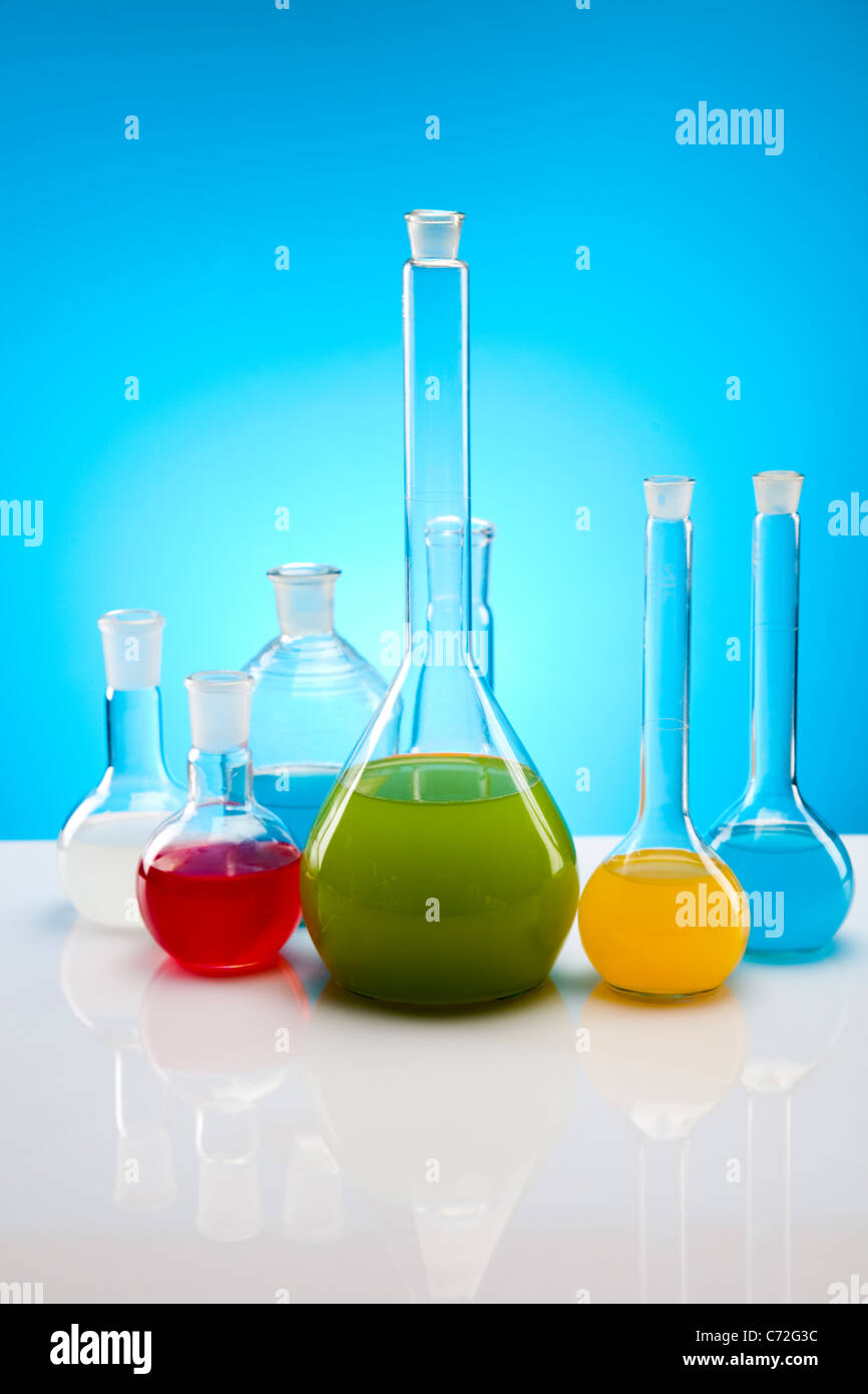 Laboratory glassware containing colorful liquid Stock Photo - Alamy