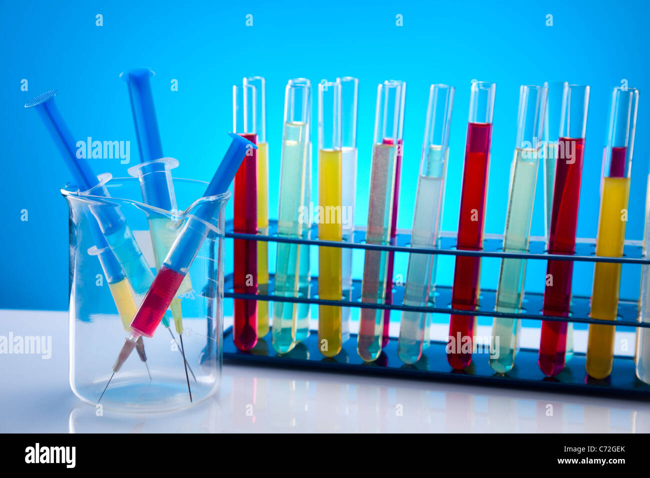 Laboratory flasks with fluids of different colors Stock Photo - Alamy