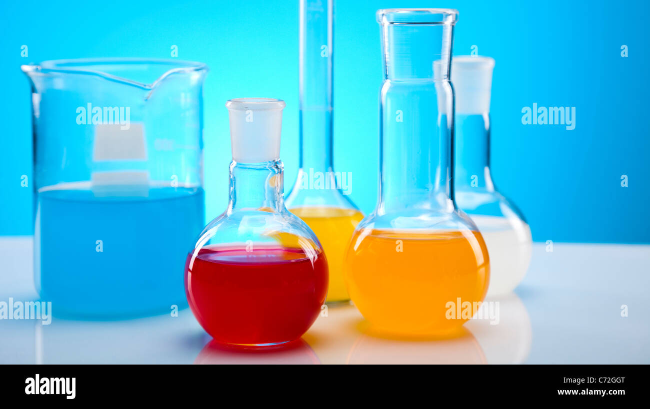 Laboratory flasks containing liquid color Stock Photo - Alamy