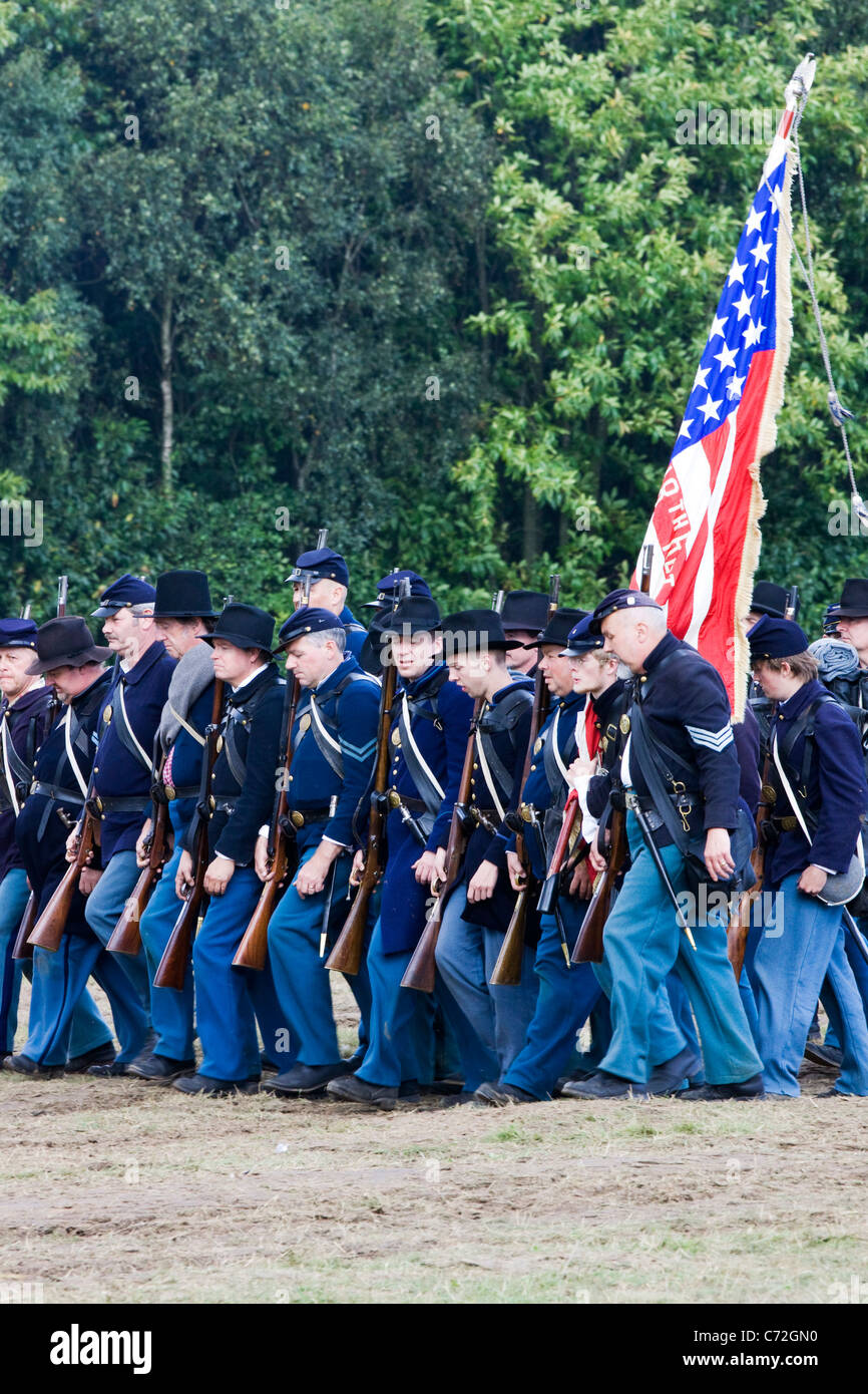 Union Soldiers on the battlefield of a American Civil war reenactment ...
