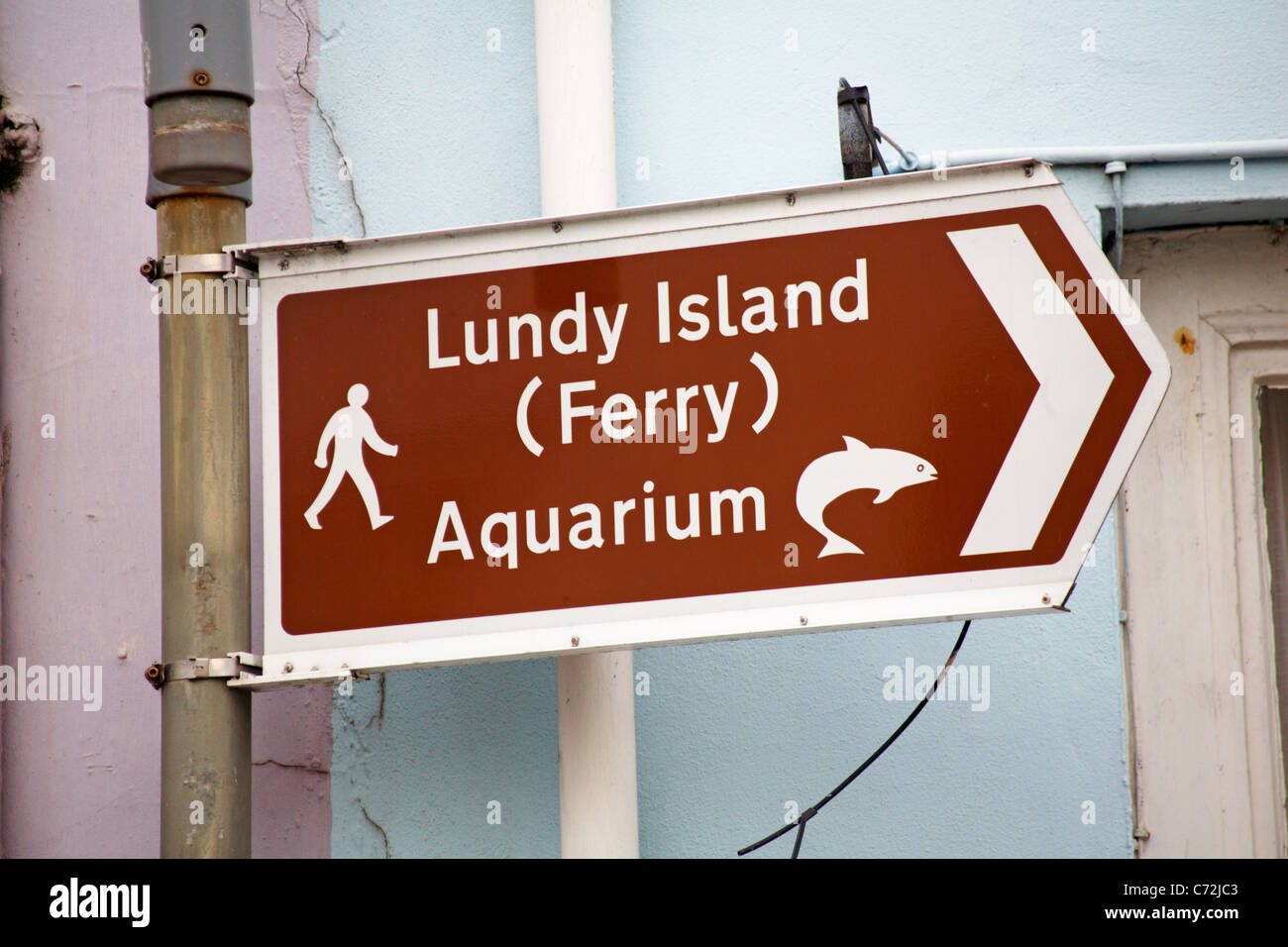 Brown tourist information sign for Lundy Island (Ferry) and Aquarium at ...