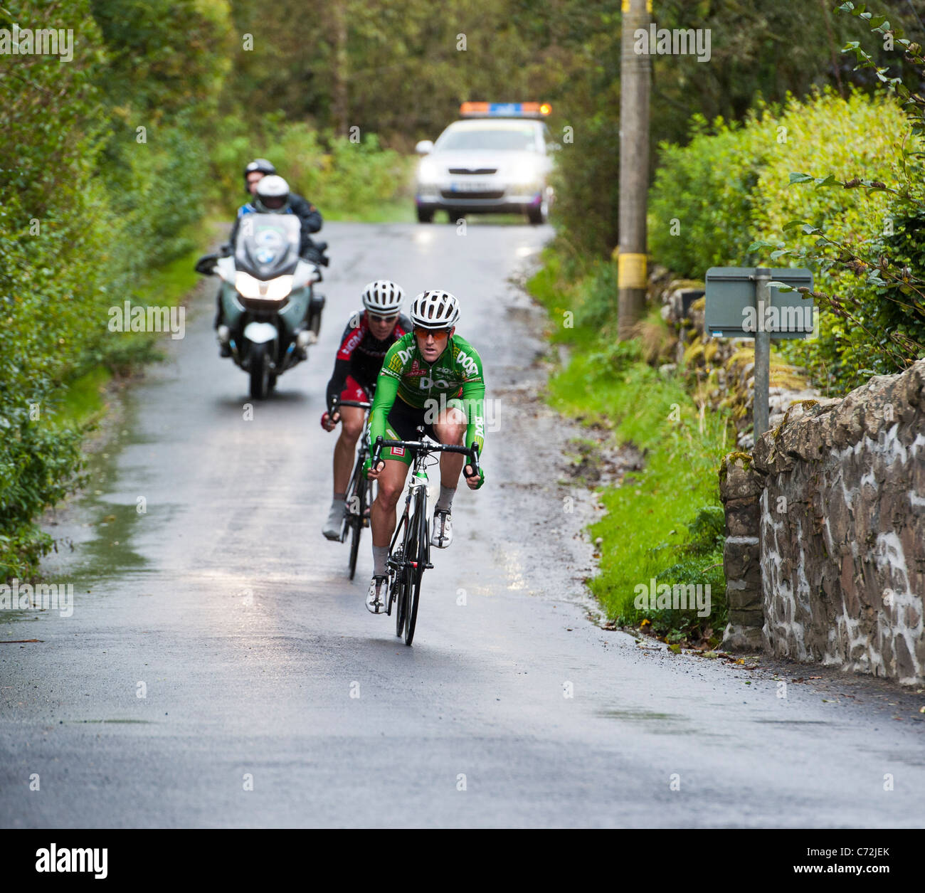 Tour of Britain Stage One - riders cross the River Tweed at Tweedsmuir ...